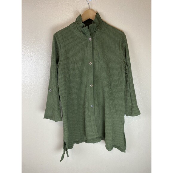 Toofan | Tops | Toofan S Tunic Top Button Up Shirt Wire Collar Ruffle Green Blouse Gauze Crinkle ...